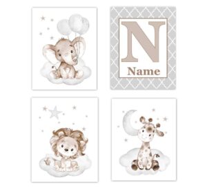 personalized baby boy nursery wall art safari animals elephant giraffe lion decor 4 unframed prints