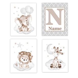 Personalized Baby Boy Nursery Wall Art Safari Animals Elephant Giraffe Lion Decor 4 UNFRAMED PRINTS