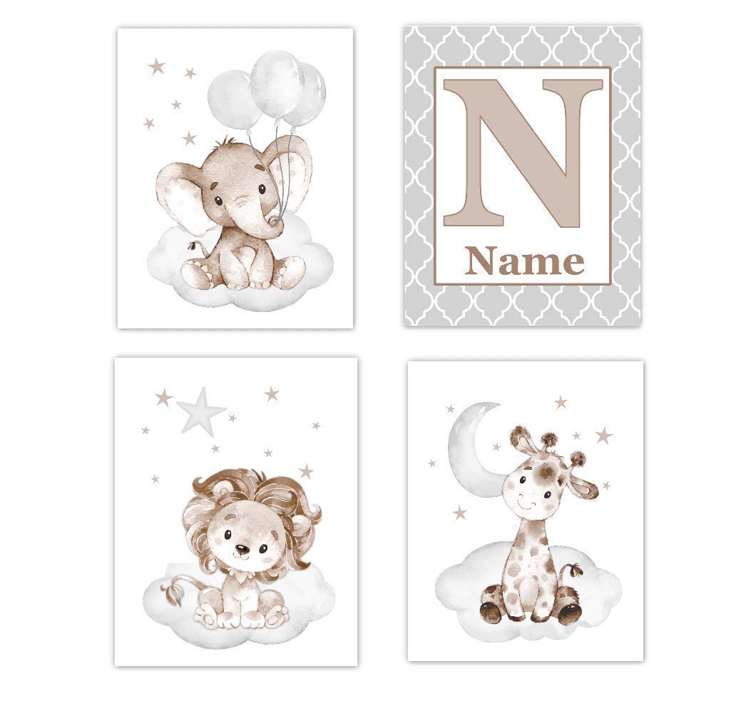 Personalized Baby Boy Nursery Wall Art Safari Animals Elephant Giraffe Lion Decor 4 UNFRAMED PRINTS