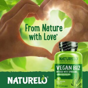 NATURELO Vegan B12 - Methyl B12 with Organic Spirulina - High Potency Vitamin B12 1000 mcg Methylcobalamin - Supports Healthy Mood, Energy, Heart & Eye Health - 90 Capsules