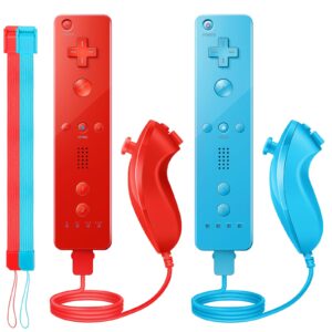 pgyfdal wii controller 2 pack, wii remote controller and nunchuck joystick with silicone case and wrist strap for holiday (red and blue)