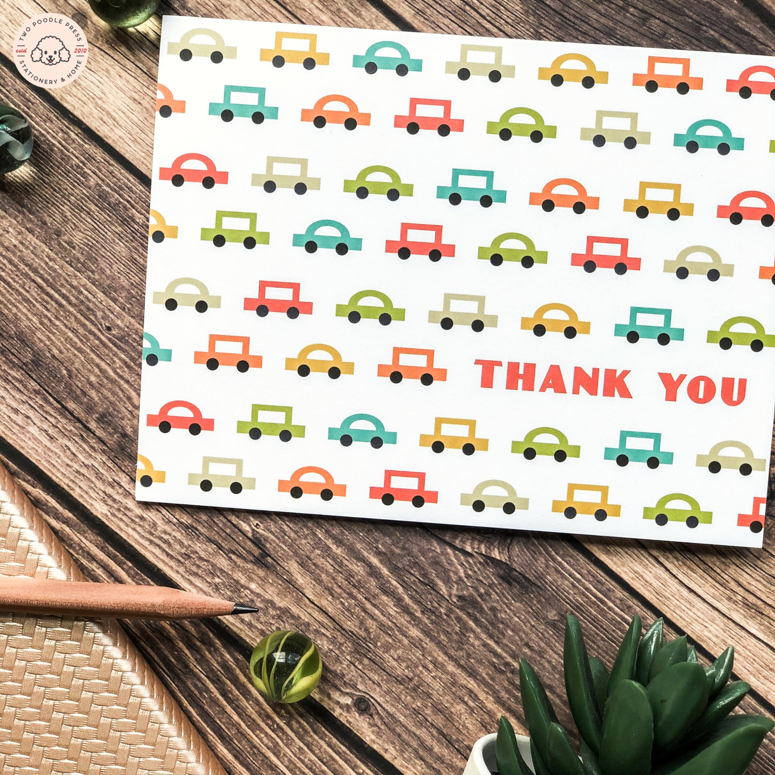 Two Poodle Press Boy Thank You Cards, Retro Car Thank You Notes with Envelopes - For Birthdays, Baby Showers, Graduation, Kids Stationery, Baptism Thank You, Teacher Appreciation - Liam