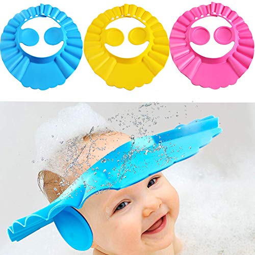 FEBSNOW Baby Shower Cap Bathing Cap - 3 Pcs Soft Adjustable Visor Hat Safe Shampoo Shower Bathing Protection Bath Cap for Toddler, Baby, Kids, Children (Bule+Yellow+Pink)