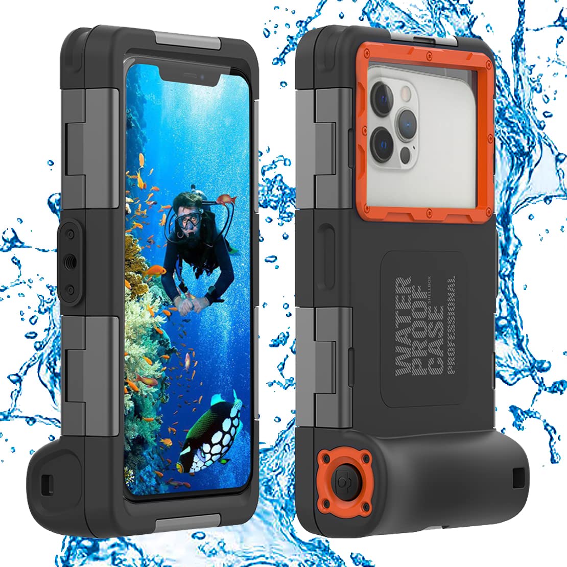 Waterproof Underwater Snorkeling Diving Phone Case for iPhone 15/14/13/12/11 Pro Max Mini Xr/X/Xs and Samsung Galaxy S24/S23/S22/S21 Ultra Plus Professional [15m/50ft] Photo Video Cover (Black-Orange)