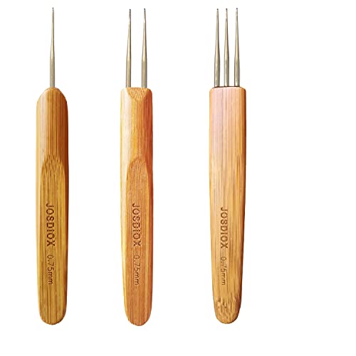 JOSDIOX Dreadlocks Crochet Hooks Tool Set,Crochet Needles for Hair Dreadlock Locks 0.75 mm Crochet Needle Steel with Bamboo Handle Good for Braid Craft (0.75 mm 1 Hook, 2 Hooks, 3 Hooks)