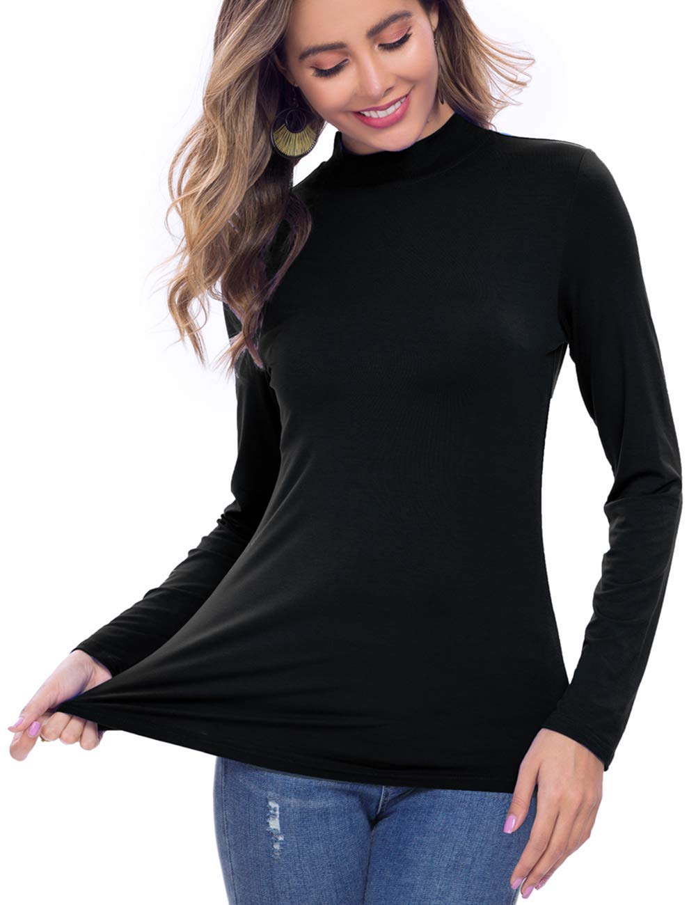 VOBCTY Women Long Sleeve Turtleneck Casual Base Layer Slim Fitted Mock Neck T-Shirts Black Medium