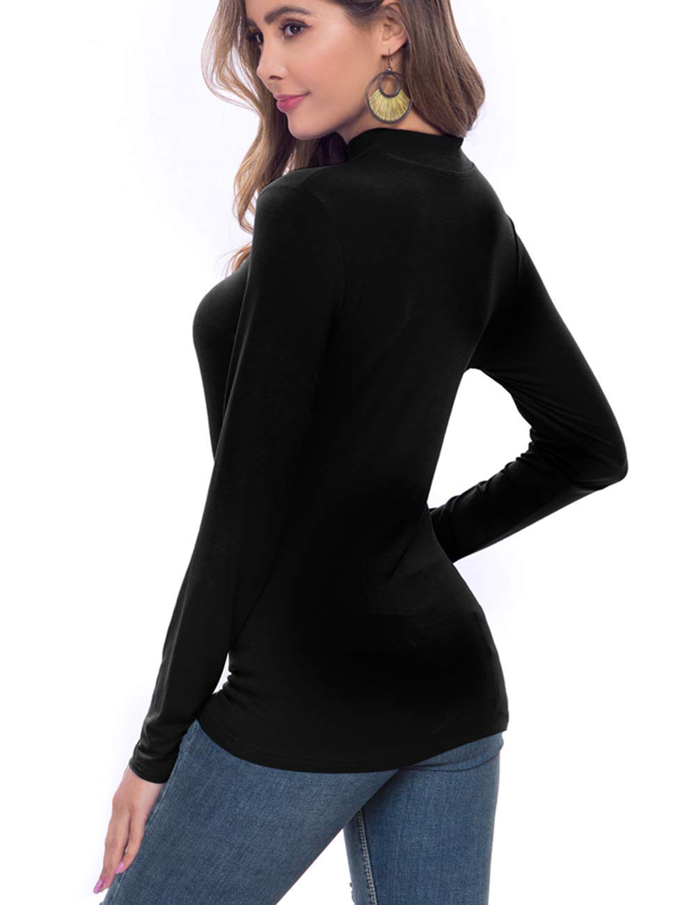 VOBCTY Women Long Sleeve Turtleneck Casual Base Layer Slim Fitted Mock Neck T-Shirts Black Medium