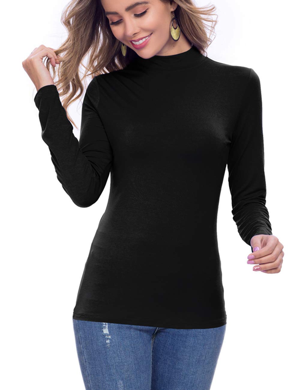 VOBCTY Women Long Sleeve Turtleneck Casual Base Layer Slim Fitted Mock Neck T-Shirts Black Medium