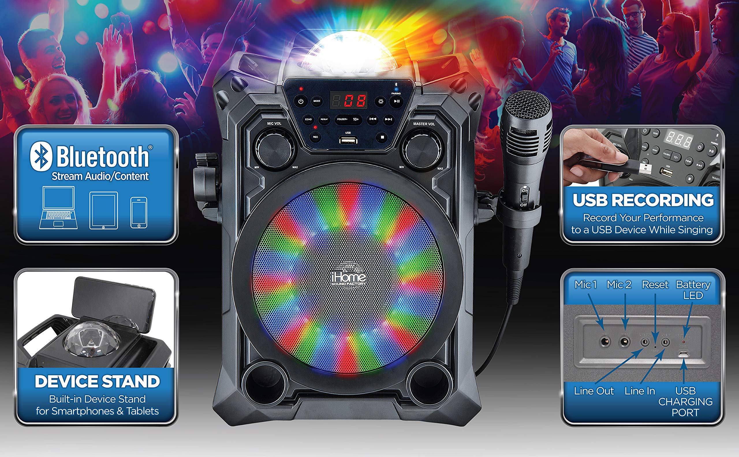 iHome Karaoke Machine with Bluetooth Speaker and Wired Microphone Designed for Kids and Adults, Includes USB Recording Feature and Party Lights