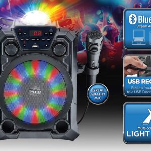 iHome Karaoke Machine with Bluetooth Speaker and Wired Microphone Designed for Kids and Adults, Includes USB Recording Feature and Party Lights