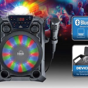 iHome Karaoke Machine with Bluetooth Speaker and Wired Microphone Designed for Kids and Adults, Includes USB Recording Feature and Party Lights