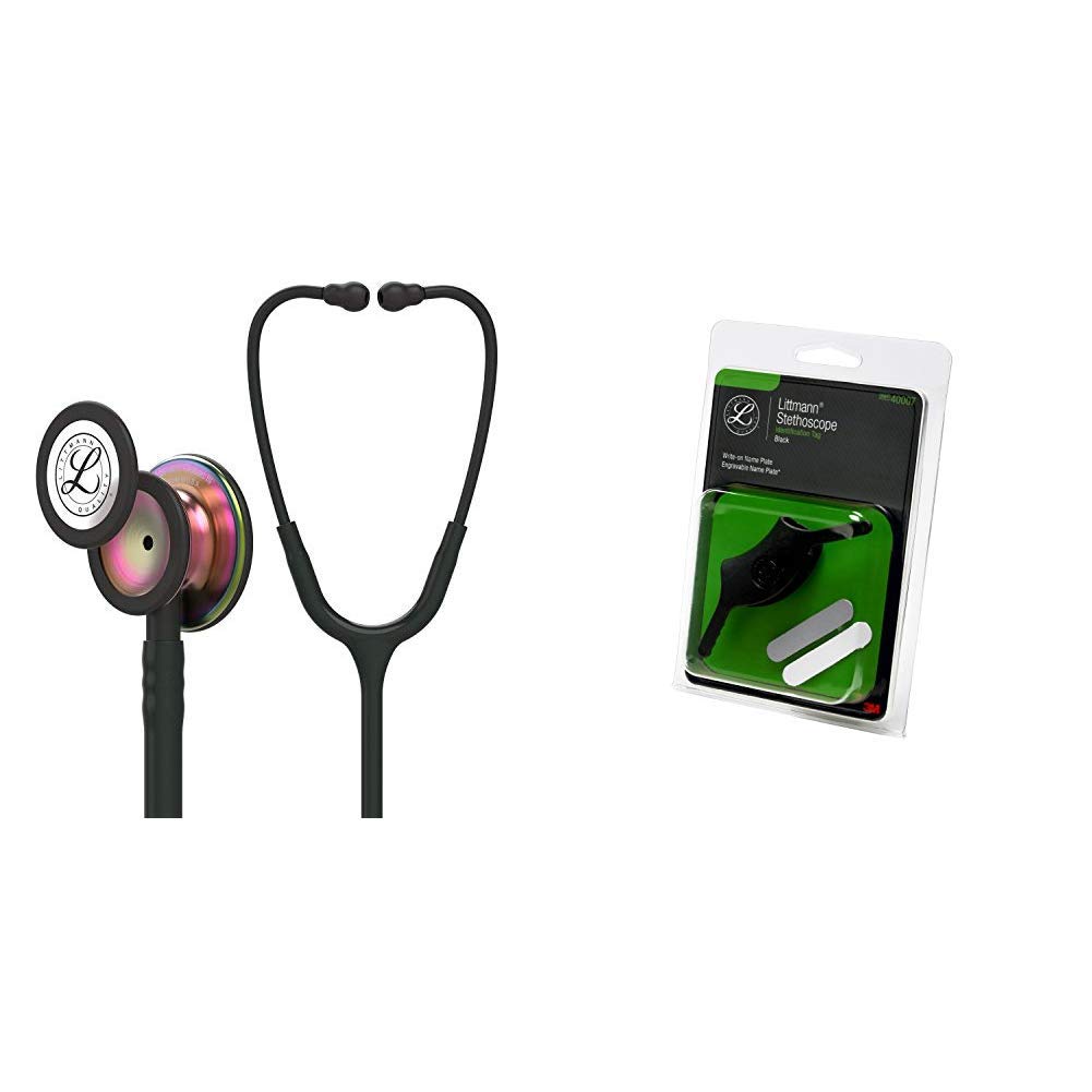 3M Littmann Classic III Monitoring Stethoscope, Rainbow-Finish Chestpiece, Black stem and Headset, Black Tube, 27 inch, 5870 + 40007 Stethoscope Identification Tag, Black