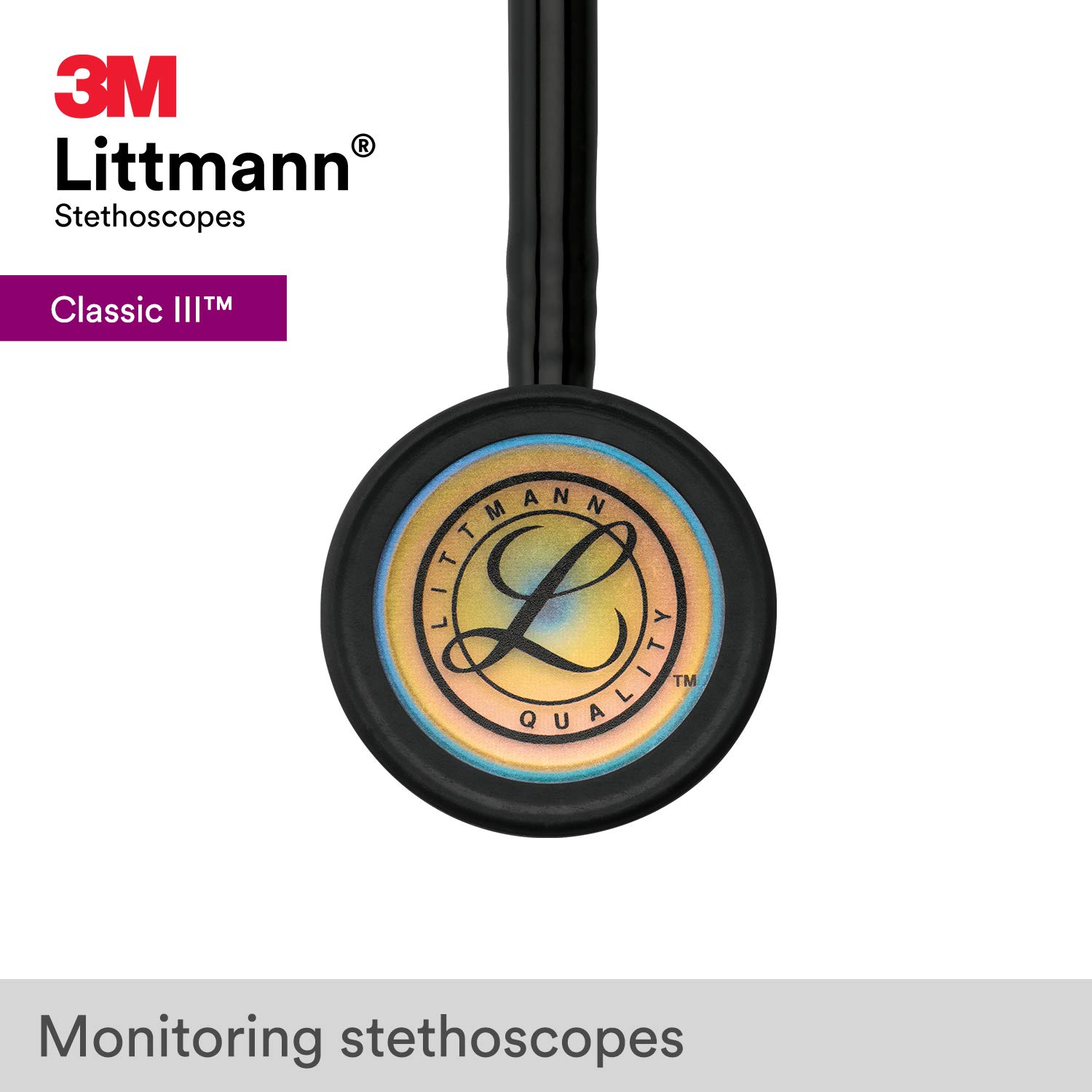 3M Littmann Classic III Monitoring Stethoscope, Rainbow-Finish Chestpiece, Black stem and Headset, Black Tube, 27 inch, 5870 + 40007 Stethoscope Identification Tag, Black