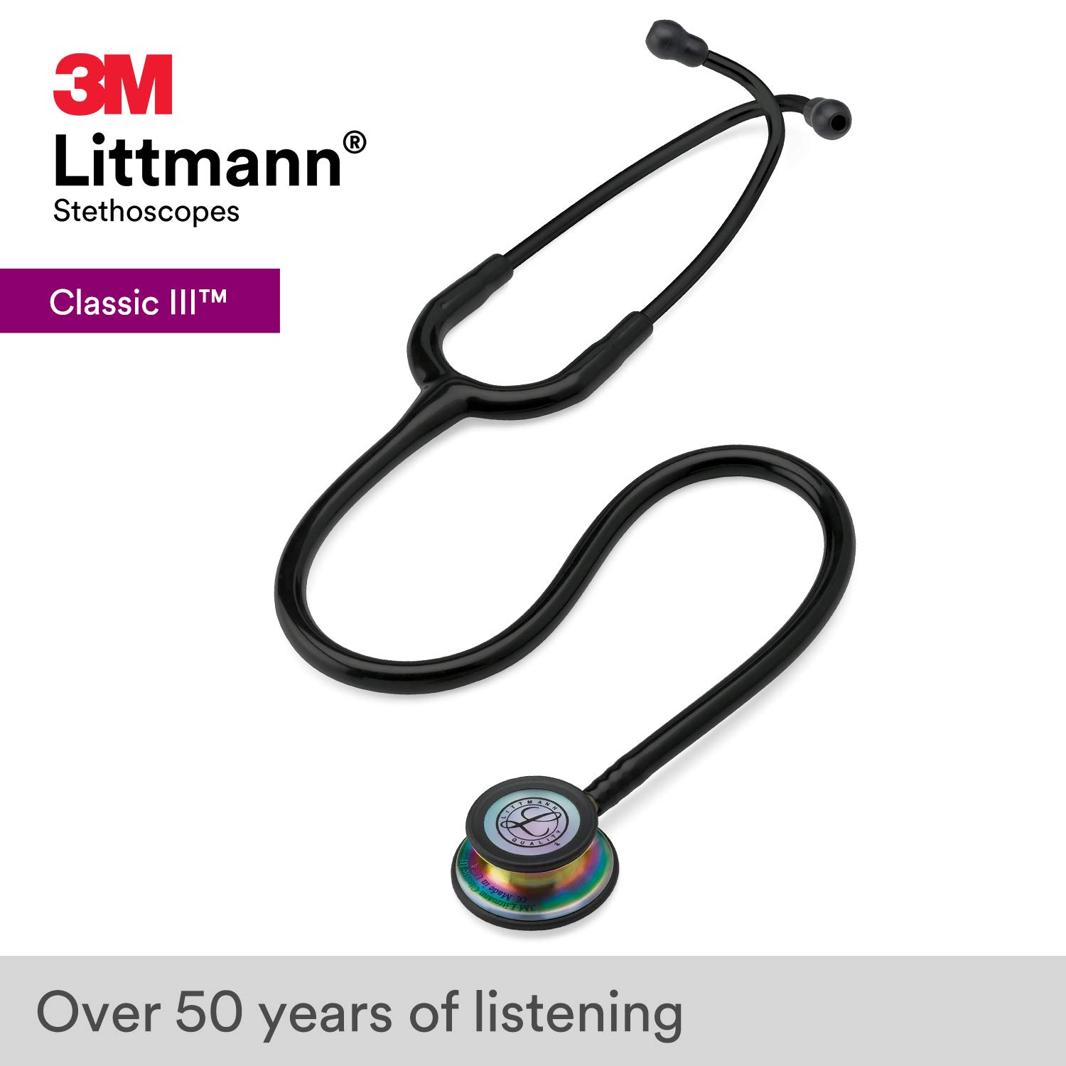 3M Littmann Classic III Monitoring Stethoscope, Rainbow-Finish Chestpiece, Black stem and Headset, Black Tube, 27 inch, 5870 + 40007 Stethoscope Identification Tag, Black