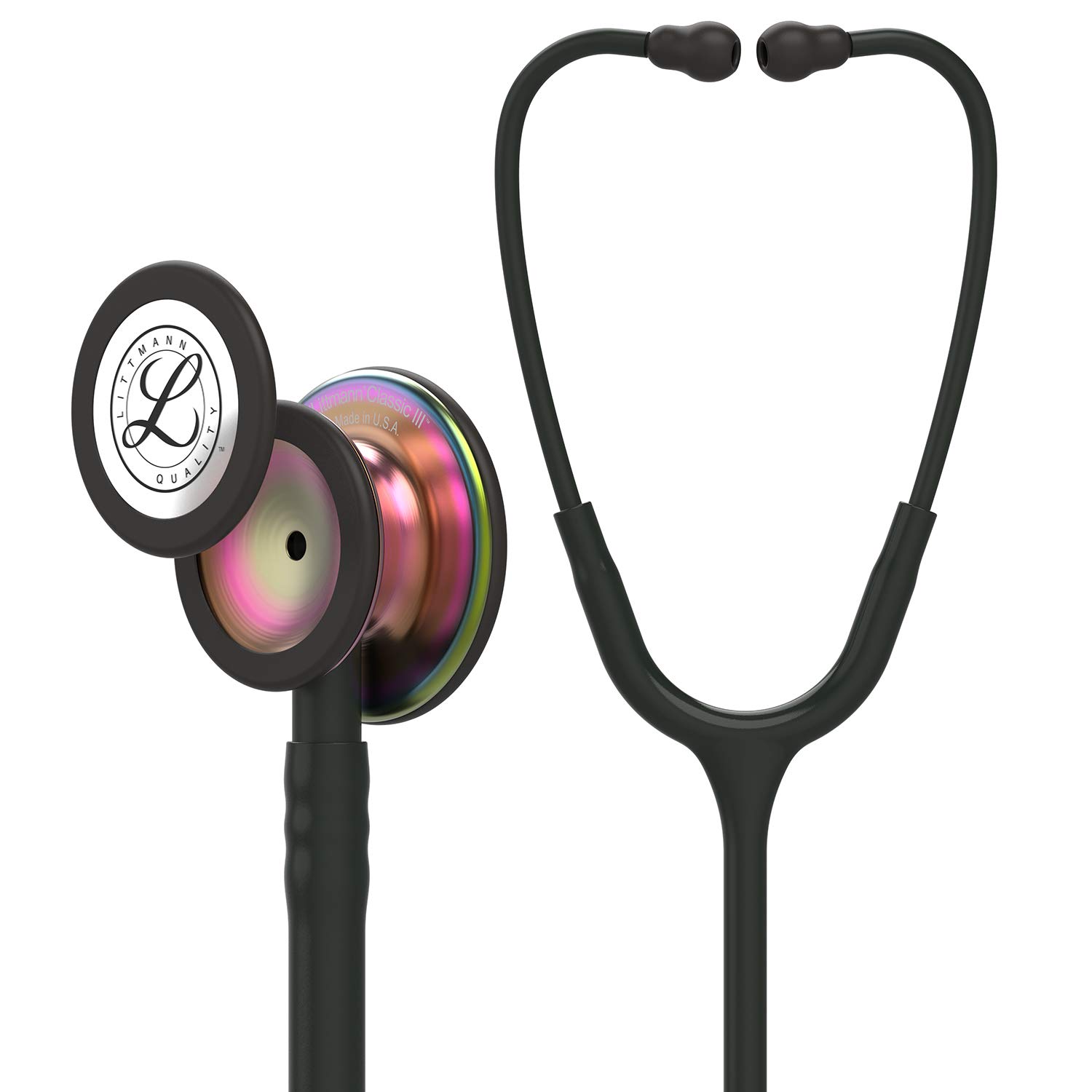 3M Littmann Classic III Monitoring Stethoscope, Rainbow-Finish Chestpiece, Black stem and Headset, Black Tube, 27 inch, 5870 + 40007 Stethoscope Identification Tag, Black