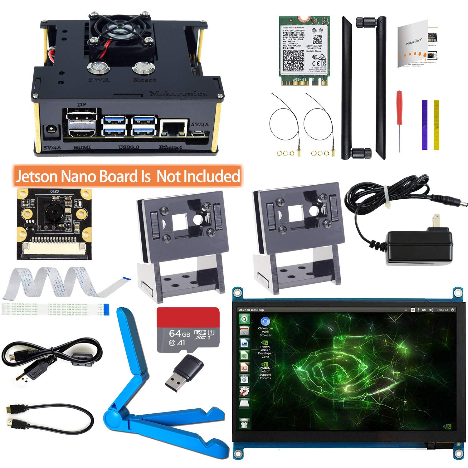 Makeronics Developer Kit for Jetson Nano -7inch Touch| IMX 219-77 Camera with Case| 64GB Class 10 TF Card with Card Reader | Jetson Nano Acrylic Case for Both A02 and B01