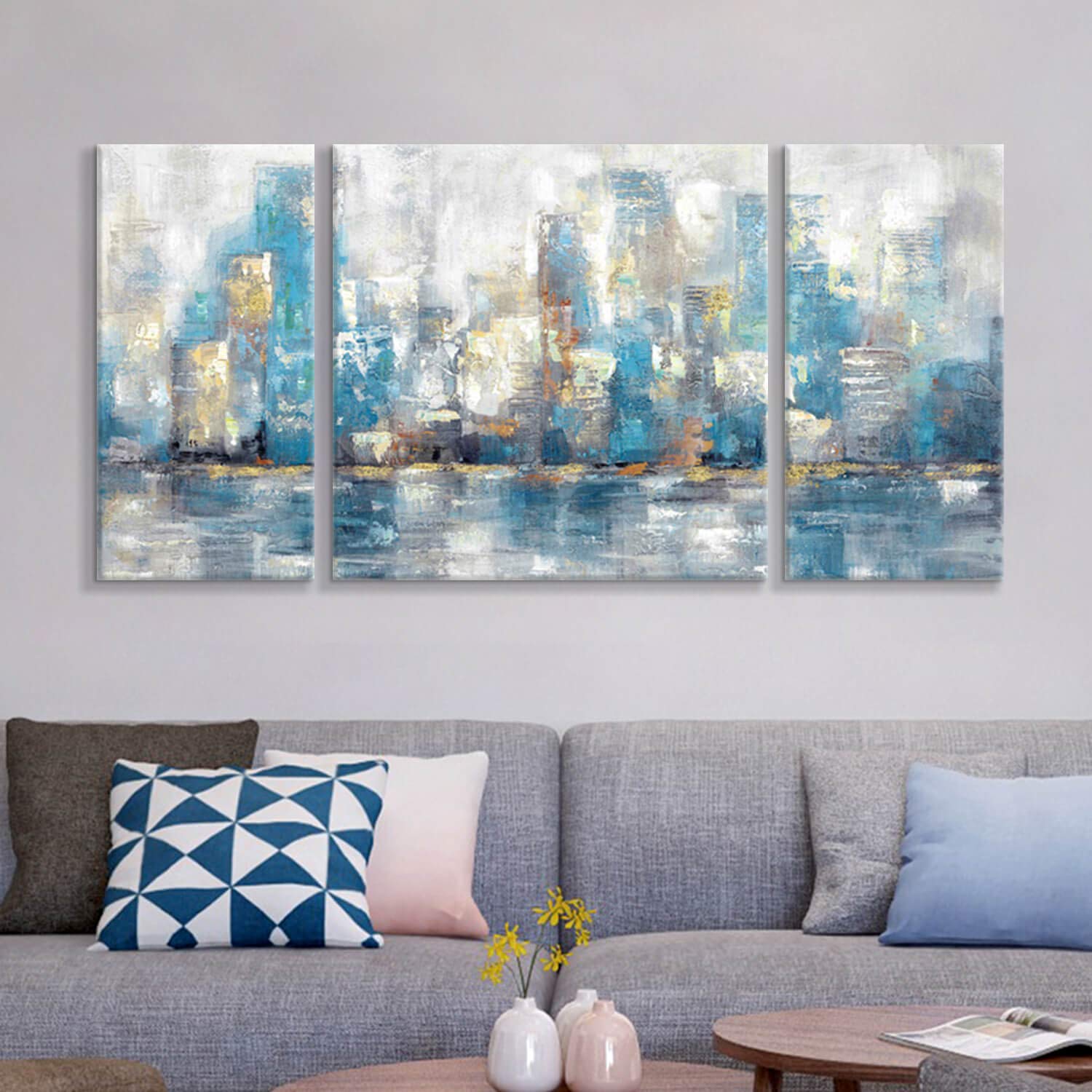 Contemporary Wall Art Abstract Picture Blue Modern City Painting Artwork Hand Painted Modern Canvas Living Room (24'' x 24'' + 24'' x 12'' x 2 Panels)