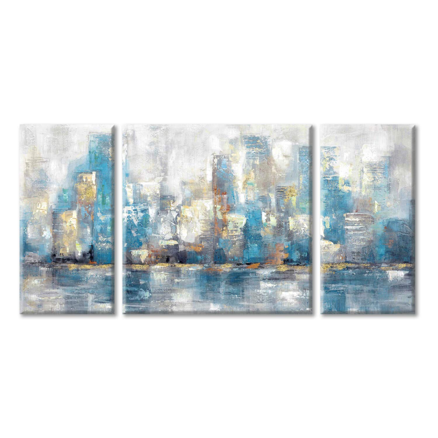 Contemporary Wall Art Abstract Picture Blue Modern City Painting Artwork Hand Painted Modern Canvas Living Room (24'' x 24'' + 24'' x 12'' x 2 Panels)