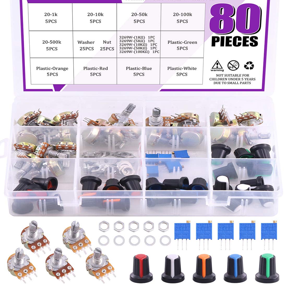 Swpeet 80Pcs 1K-500K Ohm Potentiometer Assortment Kit with 1Kohm -100Kohm Multiturn Trimmer, Knurled Shaft 3 Terminals Single Linear HighPrecision Variable Resistor with Nuts and Washers