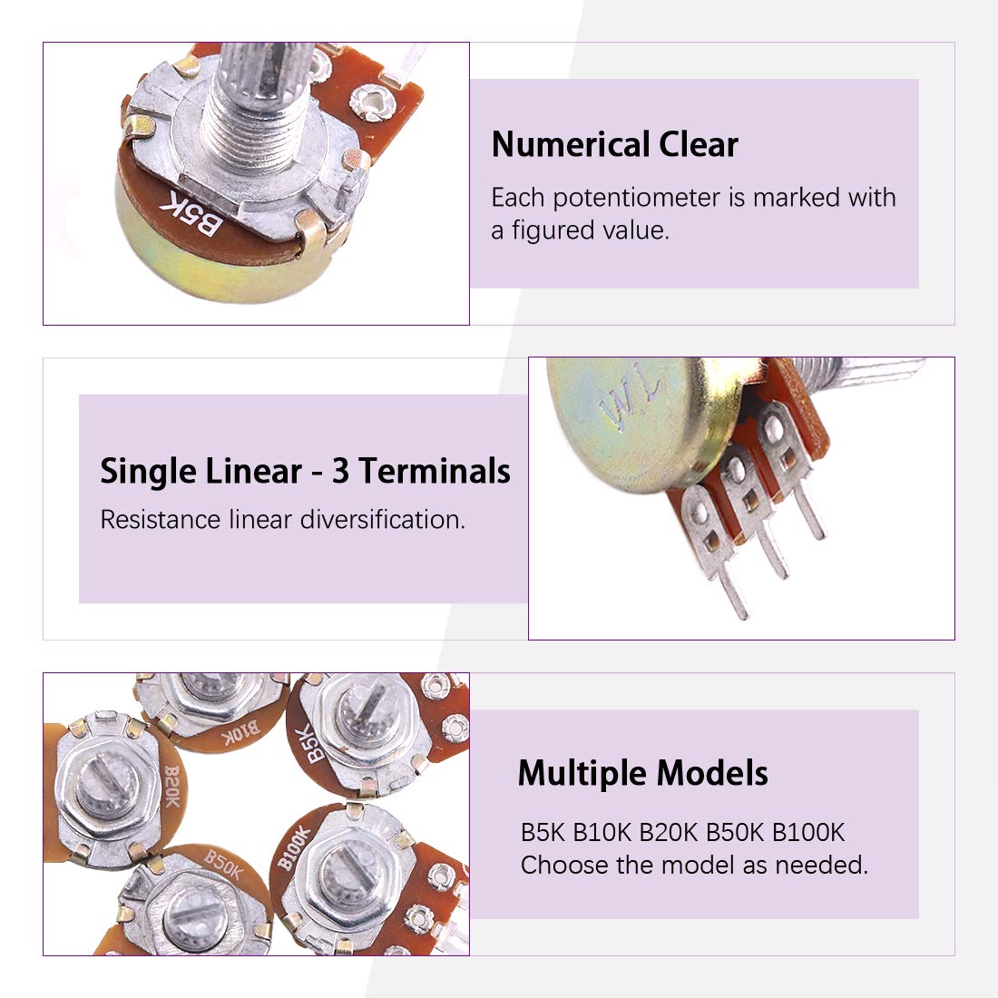 Swpeet 80Pcs 1K-500K Ohm Potentiometer Assortment Kit with 1Kohm -100Kohm Multiturn Trimmer, Knurled Shaft 3 Terminals Single Linear HighPrecision Variable Resistor with Nuts and Washers