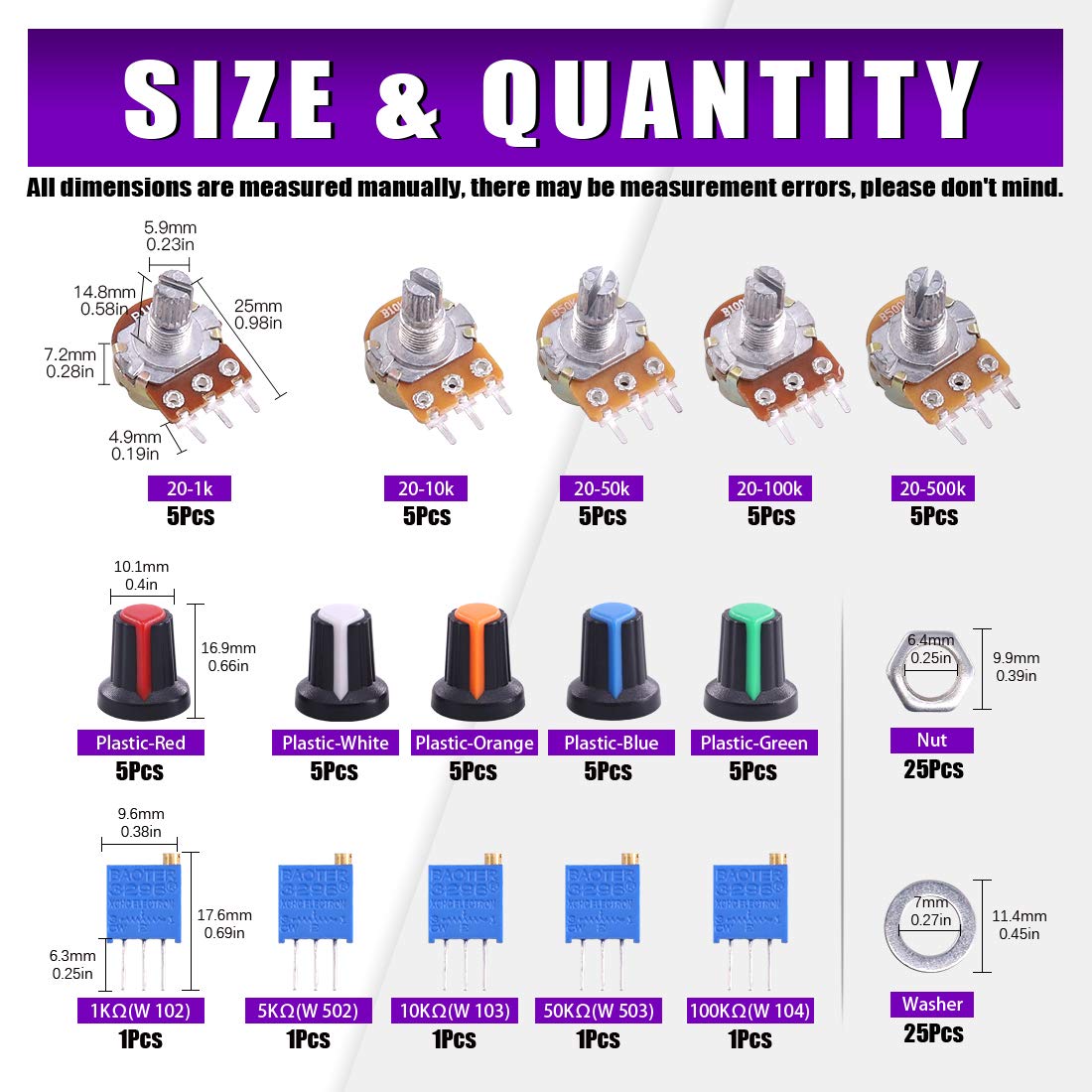 Swpeet 80Pcs 1K-500K Ohm Potentiometer Assortment Kit with 1Kohm -100Kohm Multiturn Trimmer, Knurled Shaft 3 Terminals Single Linear HighPrecision Variable Resistor with Nuts and Washers