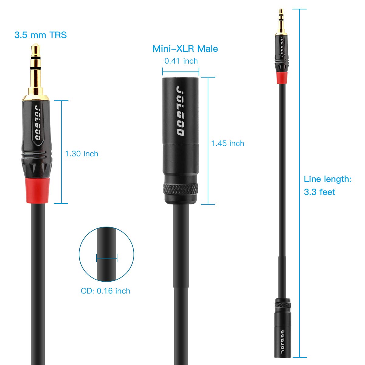 JOLGOO Mini XLR Male to 3.5mm Stereo Audio Plug Cable, 3-pin Mini XLR Male to 1/8" TRS Plug Cable, for BMPCC 4K Camera Video Assist 4K Sharp 8K, 3.3 Feet