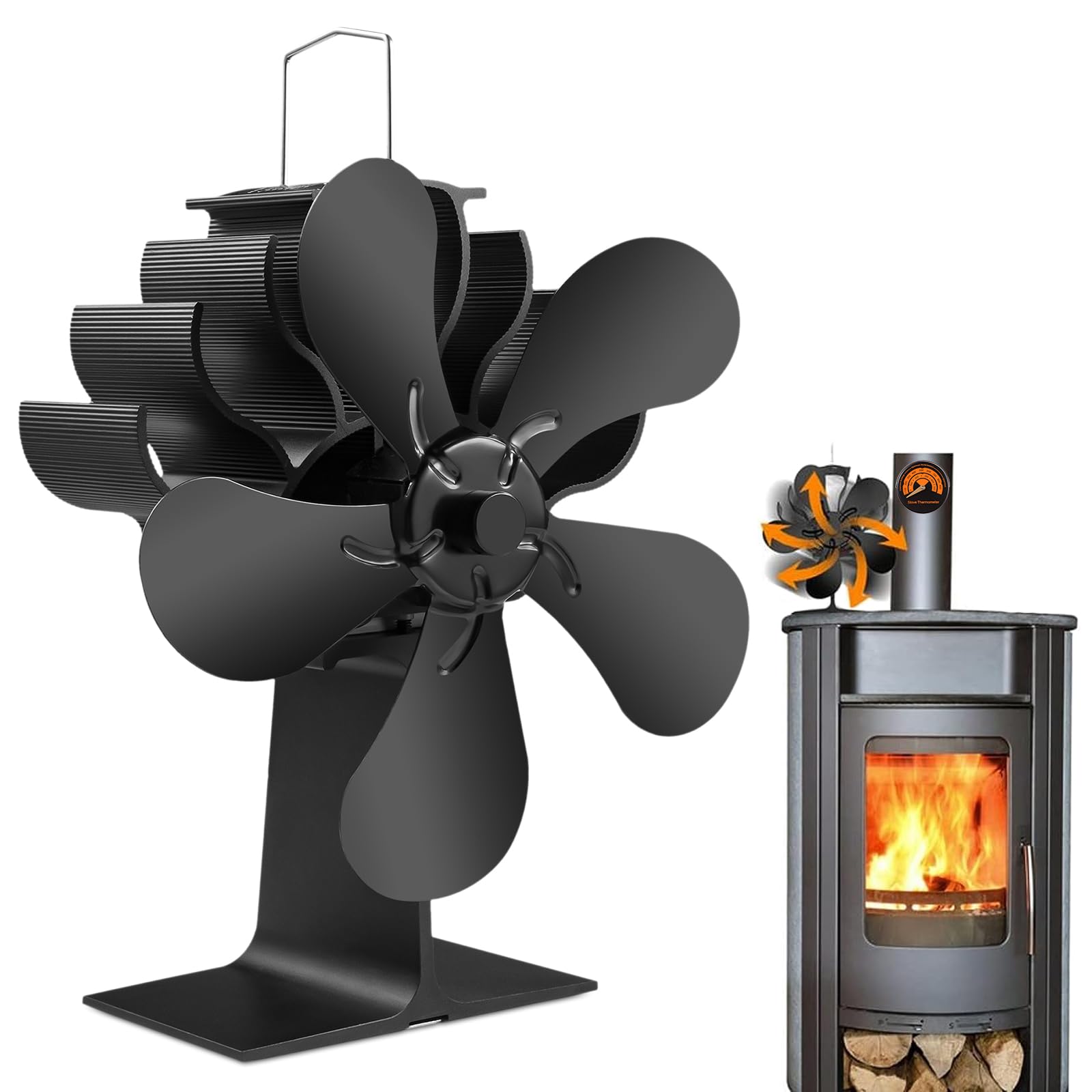 PYBBO Wood Stove Fan 5 Blades, Heat Powered Fireplace Fans Eco Fan for Home Wood/Log Burner Stove, Motors Quiet Motors Operation Circulating Warm Air with Magnetic Thermometer, Wood Stove Accessories