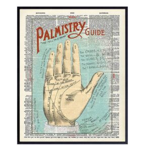 vintage palmistry upcycled dictionary wall art decor - retro 8x10 home decoration picture for living room, bedroom, apartment - gift for psychic, fortune teller, palm reader, clairvoyant, occult fan