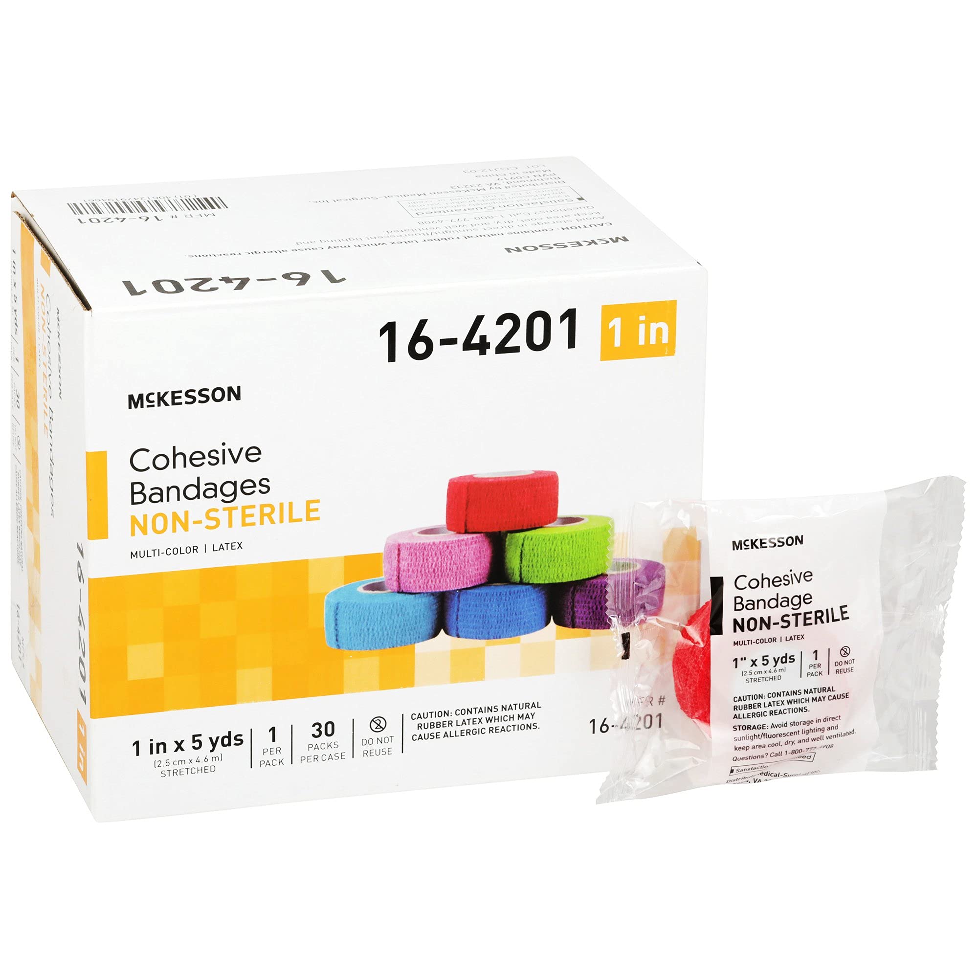 McKesson Cohesive Bandage, Non-Sterile, Self-Adherent Closure, Multi-Color, 1 in x 5 yds, 1 Count, 30 Packs, 30 Total