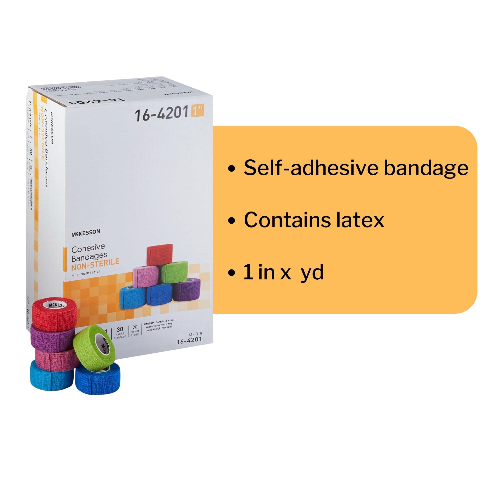 McKesson Cohesive Bandage, Non-Sterile, Self-Adherent Closure, Multi-Color, 1 in x 5 yds, 1 Count, 30 Packs, 30 Total