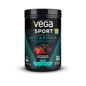 Vega Nighttime Rest & Repair Protein Powder, Chocolate Strawberry - 18g Vegan Plant Protein, 3mg Melatonin, Magnesium for Women & Men, 15 oz (Packaging May Vary)