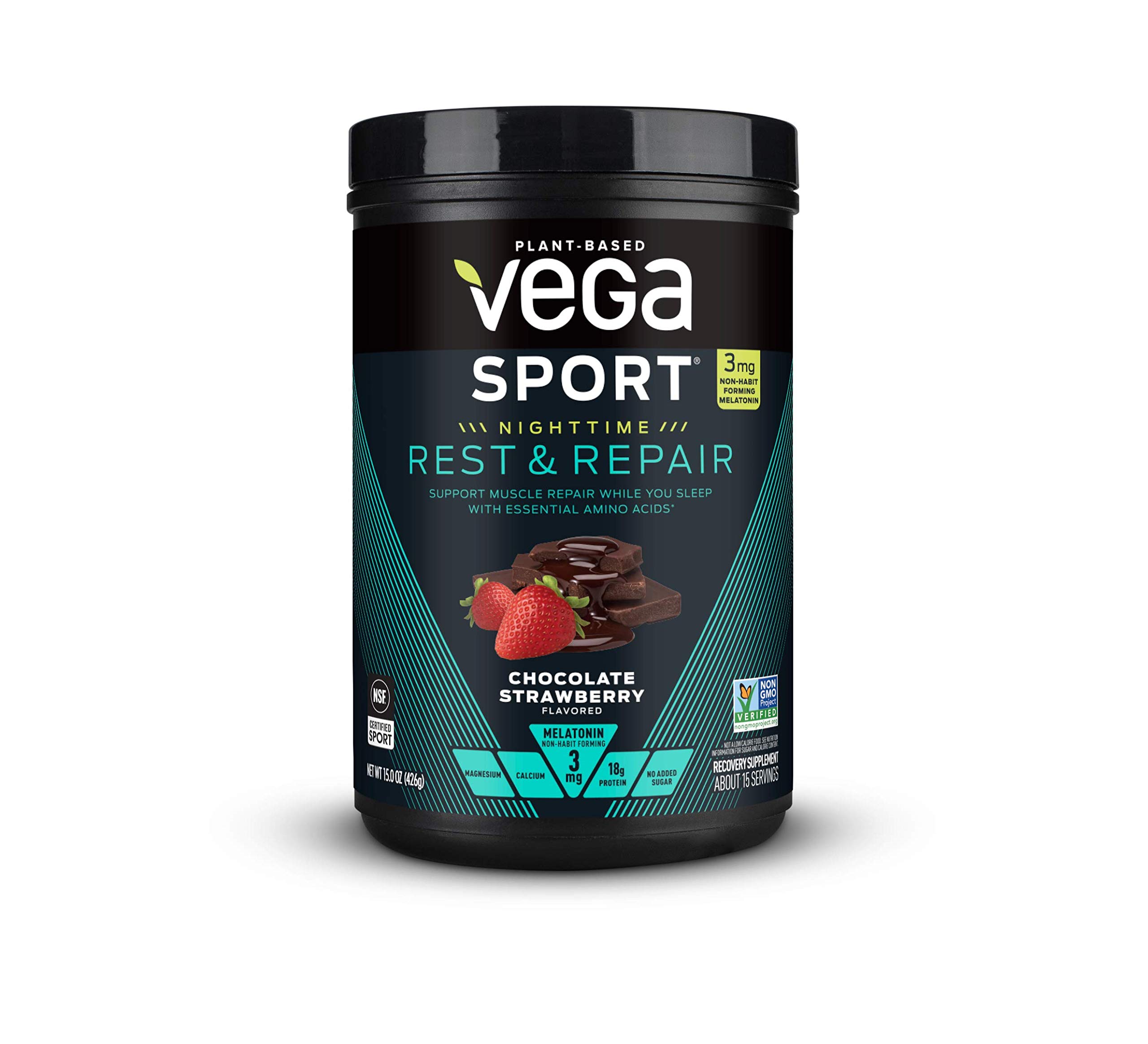 Vega Nighttime Rest & Repair Protein Powder, Chocolate Strawberry - 18g Vegan Plant Protein, 3mg Melatonin, Magnesium for Women & Men, 15 oz (Packaging May Vary)