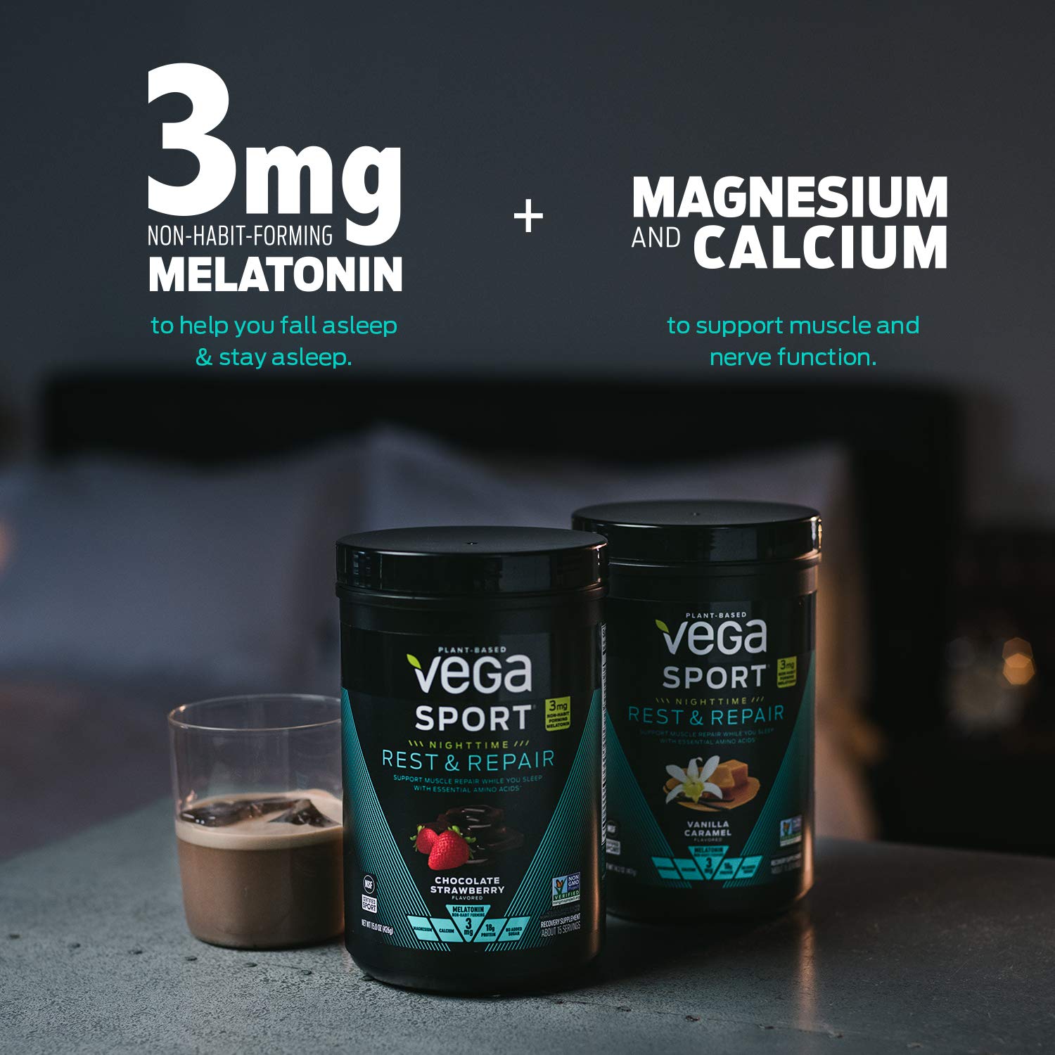 Vega Nighttime Rest & Repair Protein Powder, Chocolate Strawberry - 18g Vegan Plant Protein, 3mg Melatonin, Magnesium for Women & Men, 15 oz (Packaging May Vary)