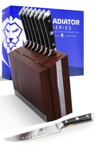 dalstrong steak knife set - 8 piece - 5 inch straight edge blade - gladiator series elite - forged high-carbon german steel dinner kitchen knife - black g10 handle - folding block set - nsf certified