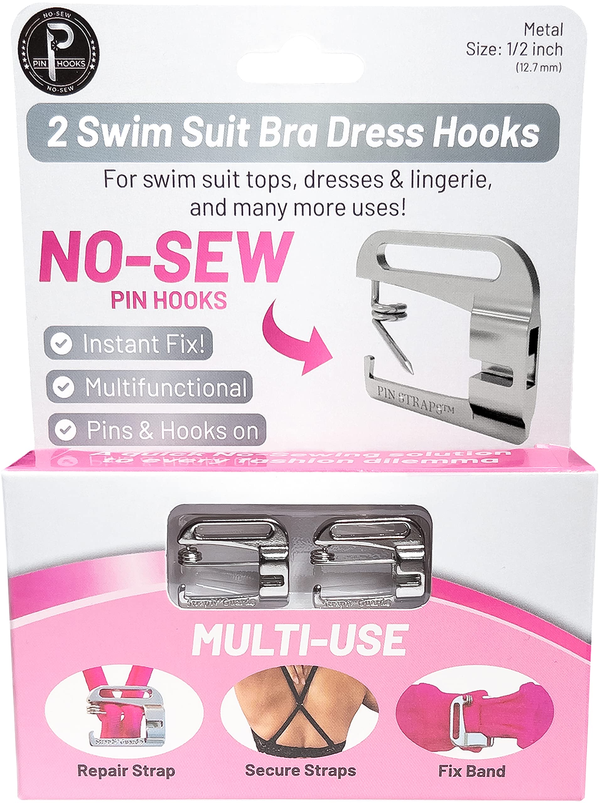 (No Sew) Swimsuit Bra Hooks Replacement, ½ Inch, Metal, Pin Hooks by Pin Straps (2)