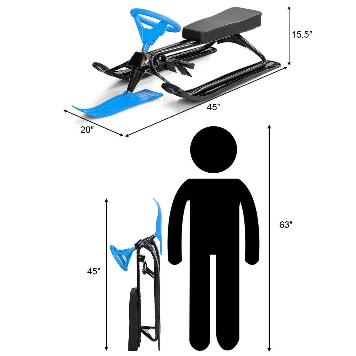 Goplus Steering Ski Snow Racer Sled with Twin Brakes, Steel Frame and High Density HDPE Sledge for Teens and Kids Age 3 and Up (Blue)