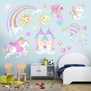 castle unicorn wall decals princess reflective with heart rainbow vinyl wall stickers gifts for baby girls bedroom party decoration (3pcs)