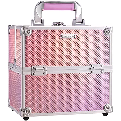 Frenessa Makeup Train Case Cosmetic Organizer Case Portable Travel Storage Box 4 trays with Dividers Lockable Make Up Case for Makeup Artist, Nail Tech, Crafter Makeup Tools Makeup Toiletry Case