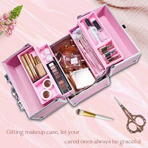 Frenessa Makeup Train Case Cosmetic Organizer Case Portable Travel Storage Box 4 trays with Dividers Lockable Make Up Case for Makeup Artist, Nail Tech, Crafter Makeup Tools Makeup Toiletry Case