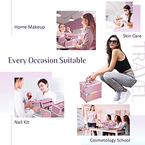 Frenessa Makeup Train Case Cosmetic Organizer Case Portable Travel Storage Box 4 trays with Dividers Lockable Make Up Case for Makeup Artist, Nail Tech, Crafter Makeup Tools Makeup Toiletry Case