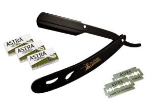 classic samurai cs-102 matte black folding straight razor shavette with 15 astra double edge razor blades