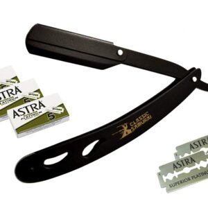 Classic Samurai CS-102 Matte Black Folding Straight Razor Shavette with 15 Astra Double Edge Razor Blades