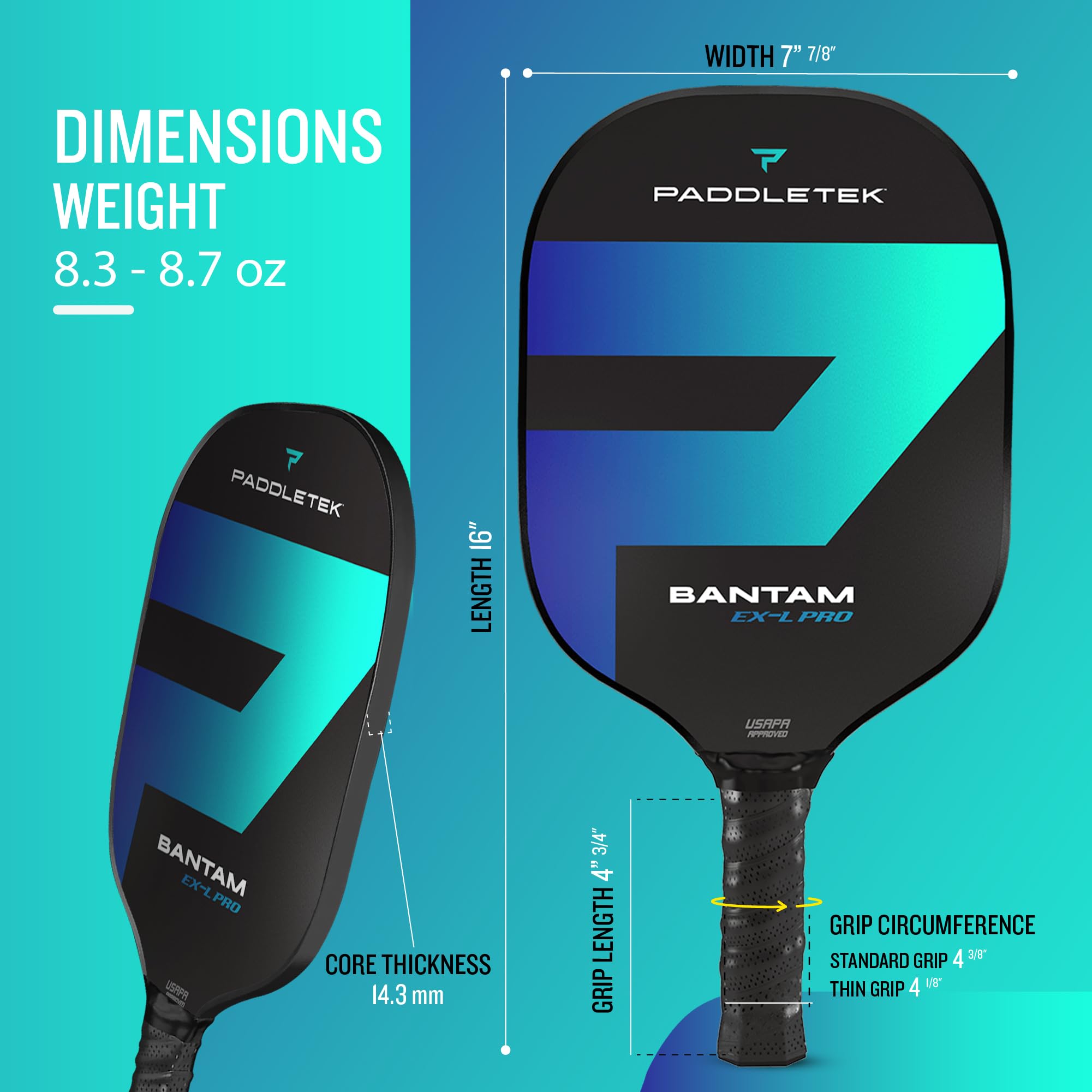 Paddletek Bantam EX-L Pro Pickleball Paddle, Top-Weighted Standard Grip Pickleball Paddle with High Tech Polymer Honeycomb Core, Premier Manufacturers of Pickleball Paddles (Blue)