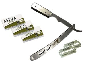 classic samurai cs-102 stainless steel professional barber straight edge razor with 15 astra double edge razor blades (silver + 15 astra blades)