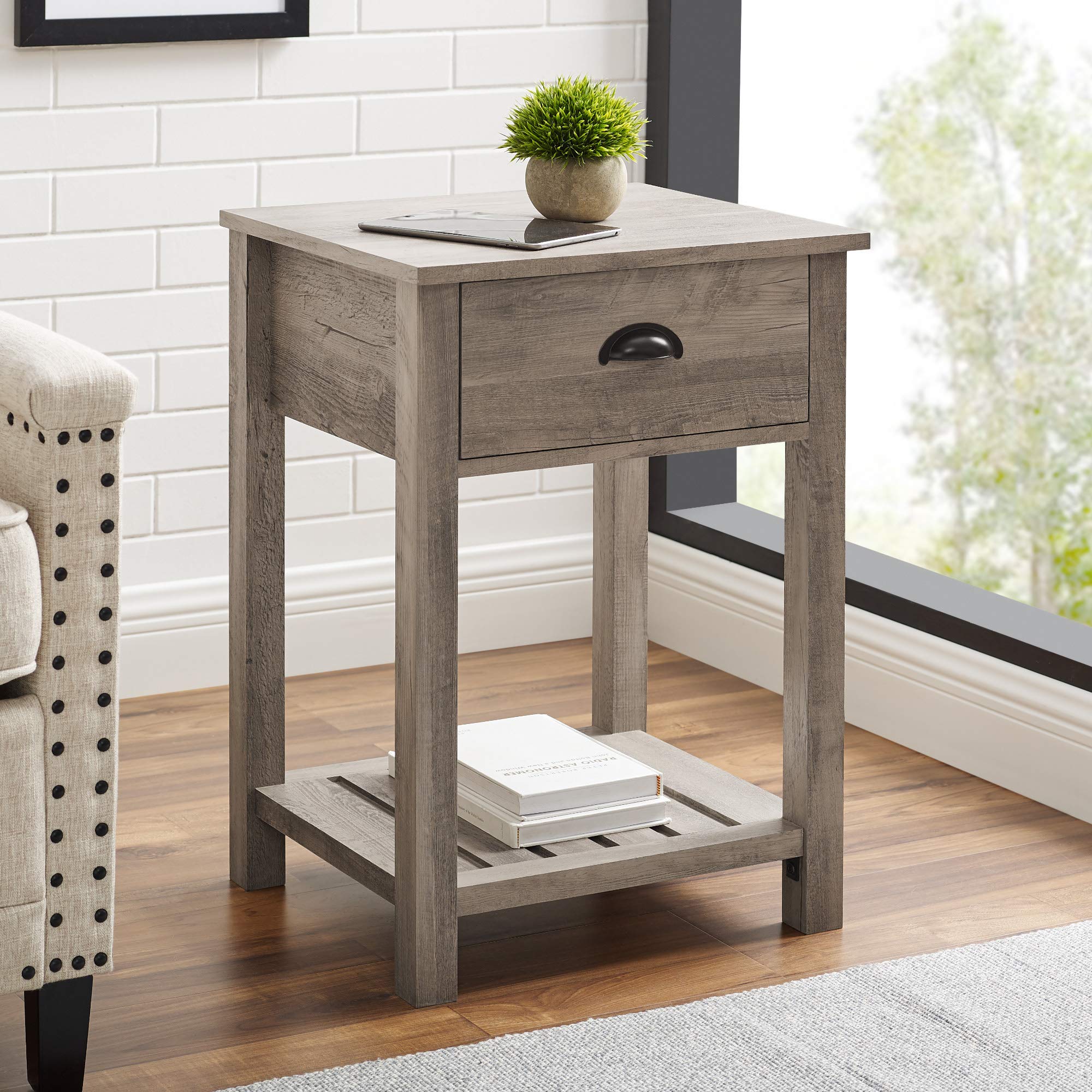 18 Inch Farmhouse 1 Drawer Side Table with Grey Wash Finish