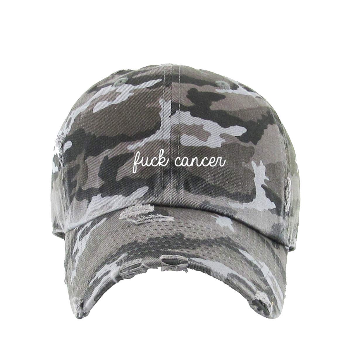 Fuck Cancer Vintage Baseball Cap Embroidered Cotton Adjustable Distressed Dad Hat Gray Camo