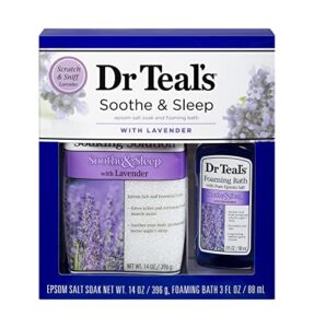 dr teal's lavender epsom salt & foaming bath oil sampler gift set 2022 - give the gift of relaxation & peaceful slumber! - 14 oz bag of lavender bath salts & 3 oz bottle of lavender foaming bath oil