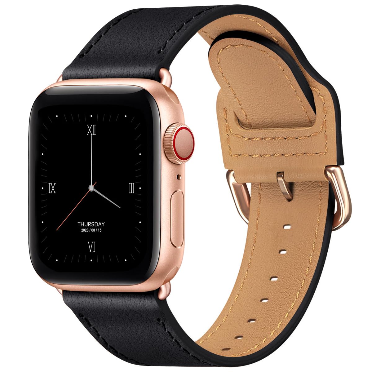 POWER PRIMACY Bands Compatible with Apple Watch Band 38mm 40mm 41mm 42mm 44mm 45mm 49mm, Genuine Leather Strap Compatible for Women Men iWatch SE Ultra Series 9 8 7 6 5 4 3 2 1 (Black/Rosegold)