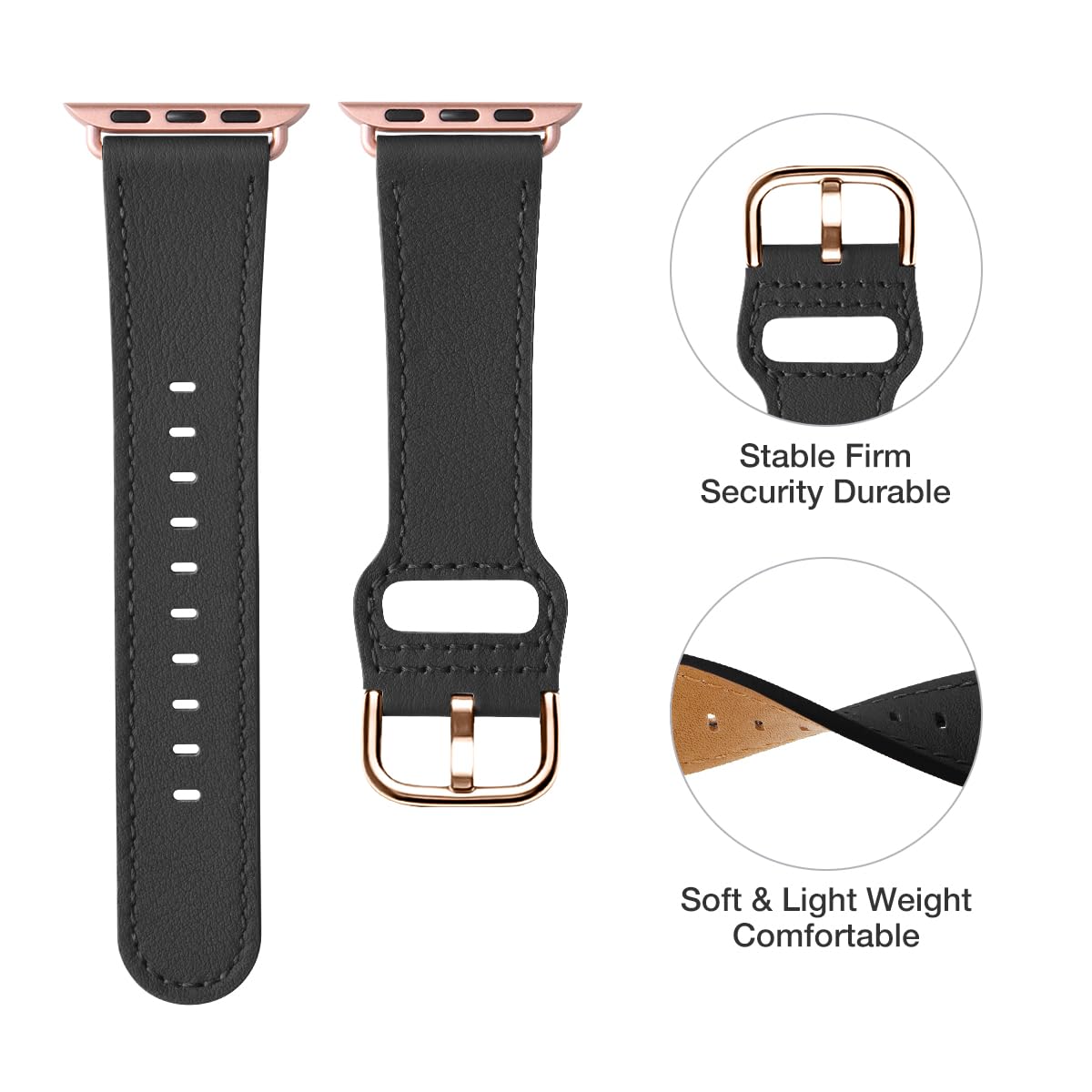 POWER PRIMACY Bands Compatible with Apple Watch Band 38mm 40mm 41mm 42mm 44mm 45mm 49mm, Genuine Leather Strap Compatible for Women Men iWatch SE Ultra Series 9 8 7 6 5 4 3 2 1 (Black/Rosegold)