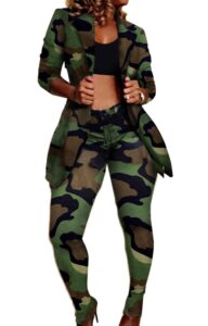 2 piece outfits for women camouflage print long sleeve blazer and skinny long pants set clubwear